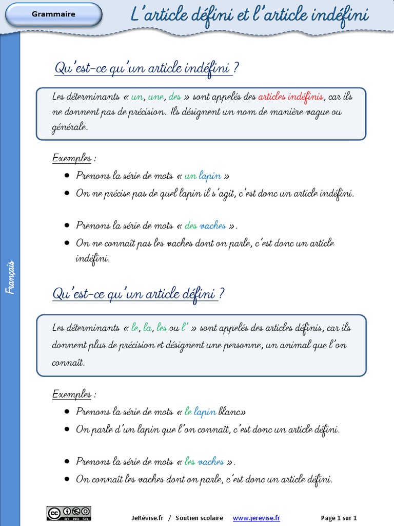 Articles Definis Indefinis Lecon PDF | PDF | Arts du langage et discipline