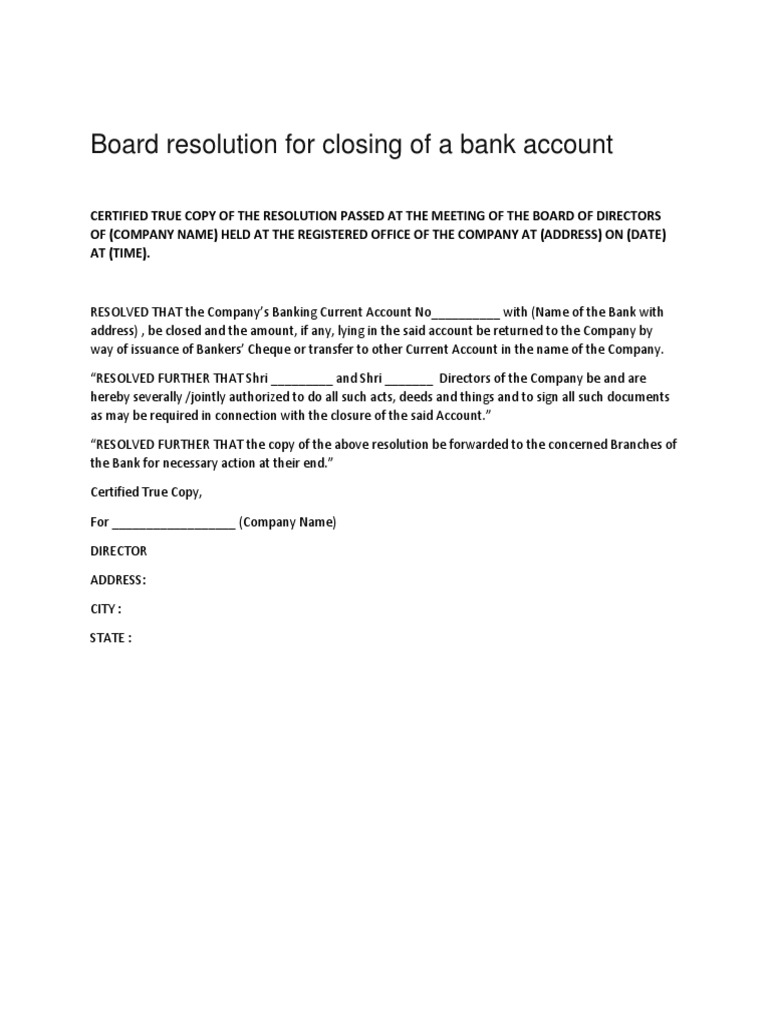 Board Resolution For Closing of A Bank Account | PDF