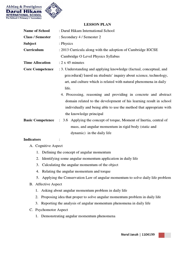 LESSON PLAN Angular Momentum | PDF | Angular Momentum | Torque