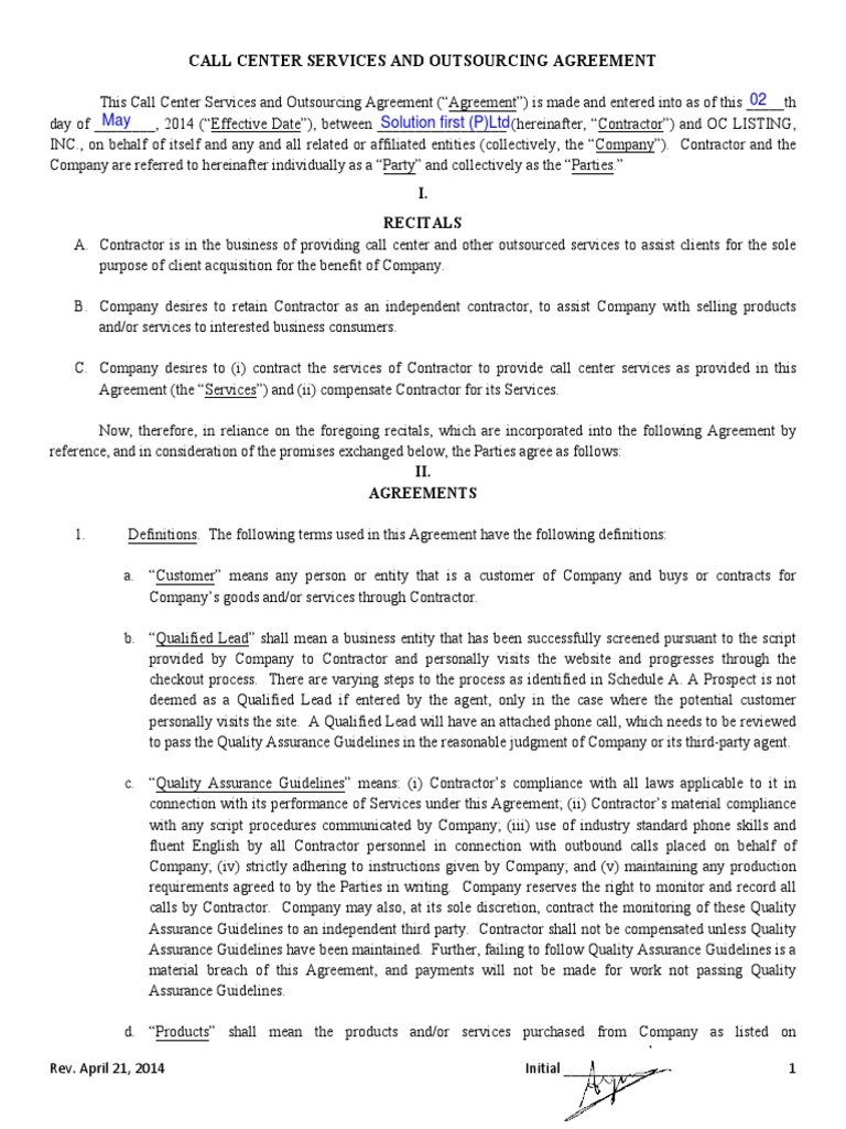 Call Center Sample Agreement | PDF | Irs Tax Forms | Withholding Tax