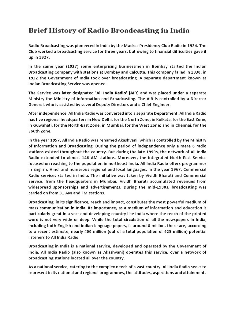 Brief History of Radio Broadcasting in India | PDF