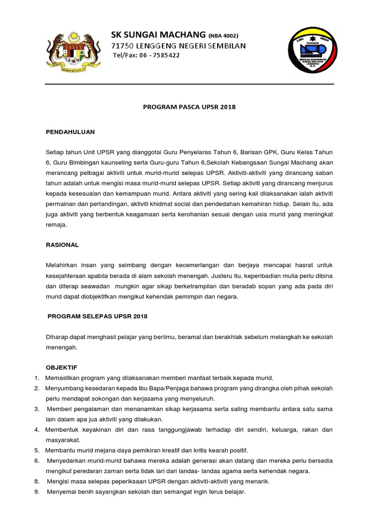 Kertas Kerja Program Pasca UPSR | PDF