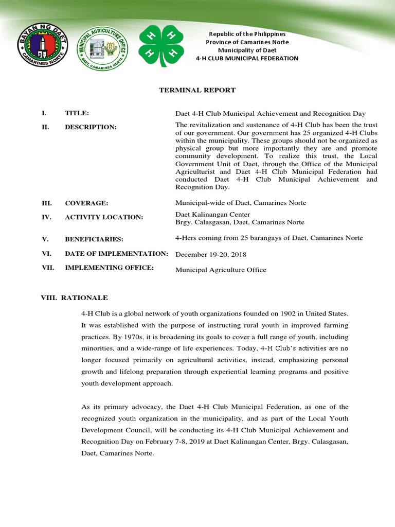 Terminal Report: 4-H Club Municipal Federation | Download Free PDF ...