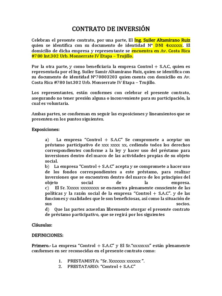 Contrato de Inversión | PDF | Interés | Préstamo hipotecario