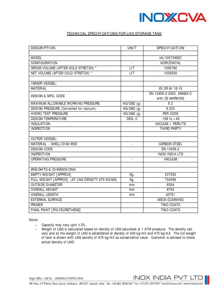 Tech Specs-1000M3 LNG Tank | PDF | Liquefied Natural Gas | Density