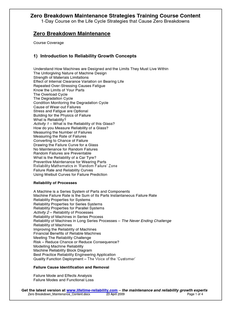 Zero Breakdown Maintenance Content | PDF | Reliability Engineering ...