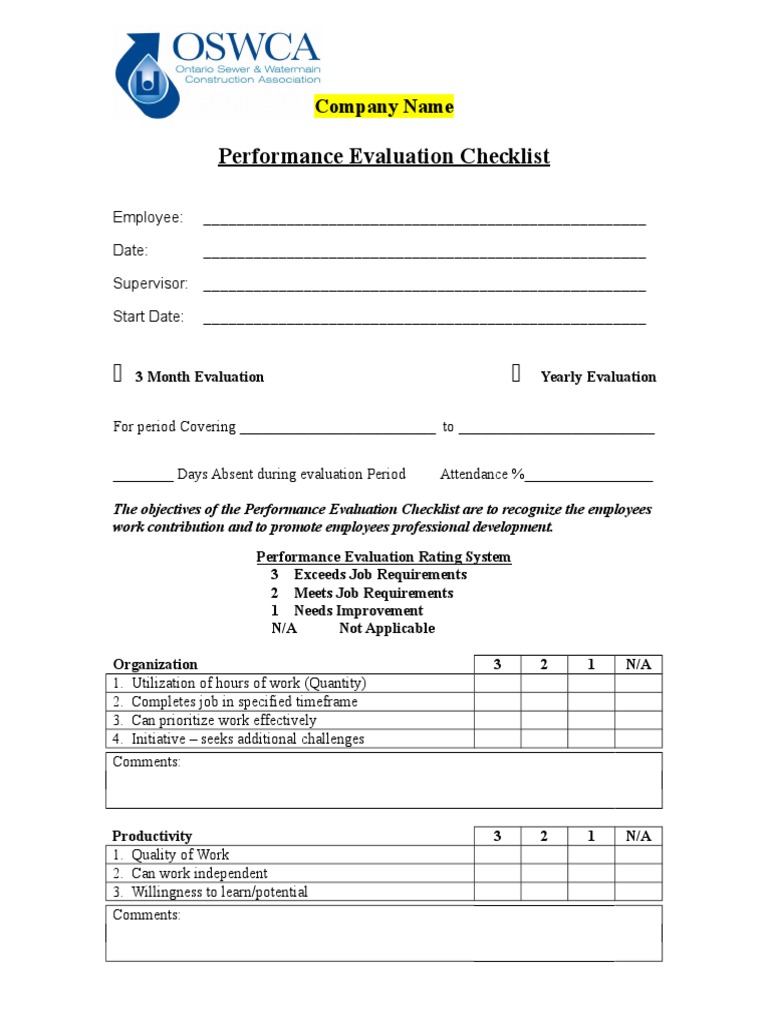 Performance Evaluation Checklist: Company Name | PDF | Performance ...