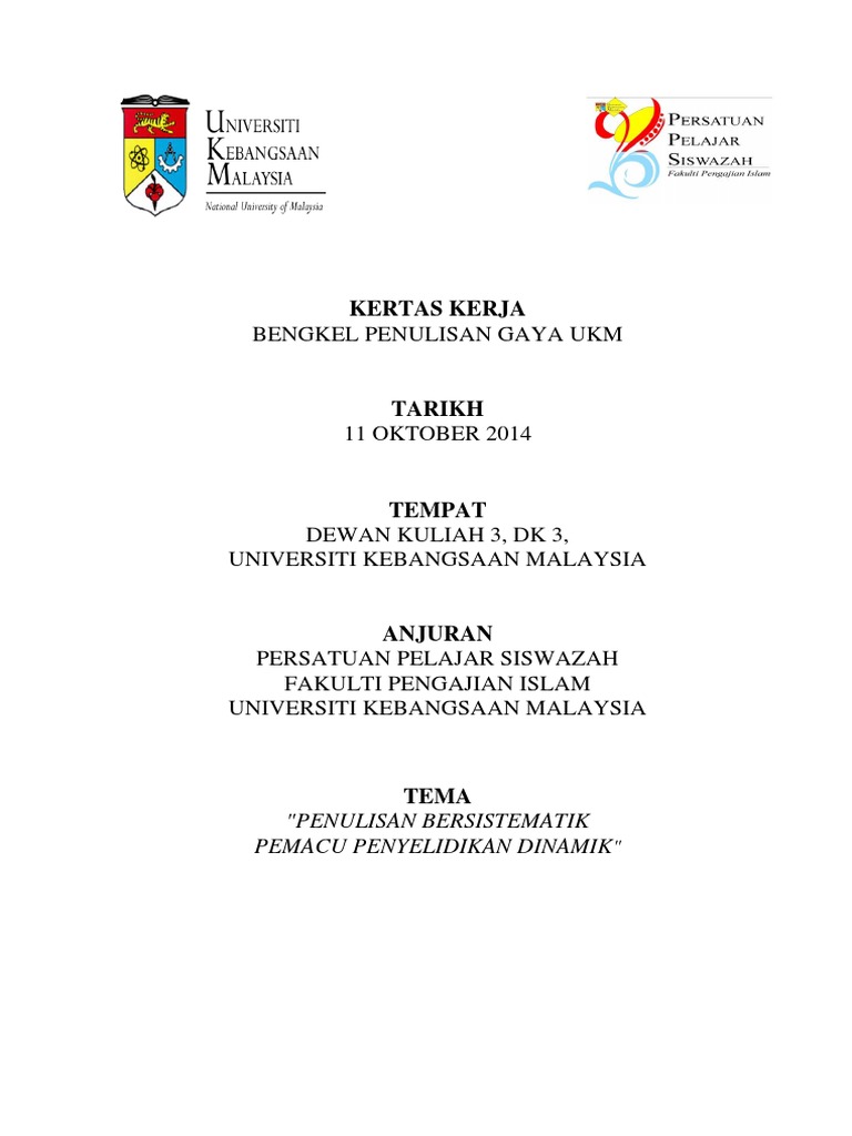 KERTAS KERJA BENGKEL PENULISAN GAYA UKM 27 September 2014 | PDF