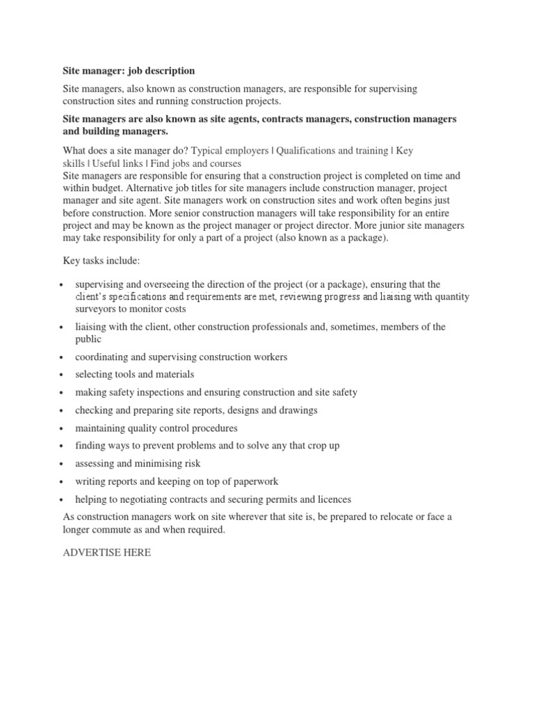 Site Manager: Job Description | PDF | Construction Management | Employment