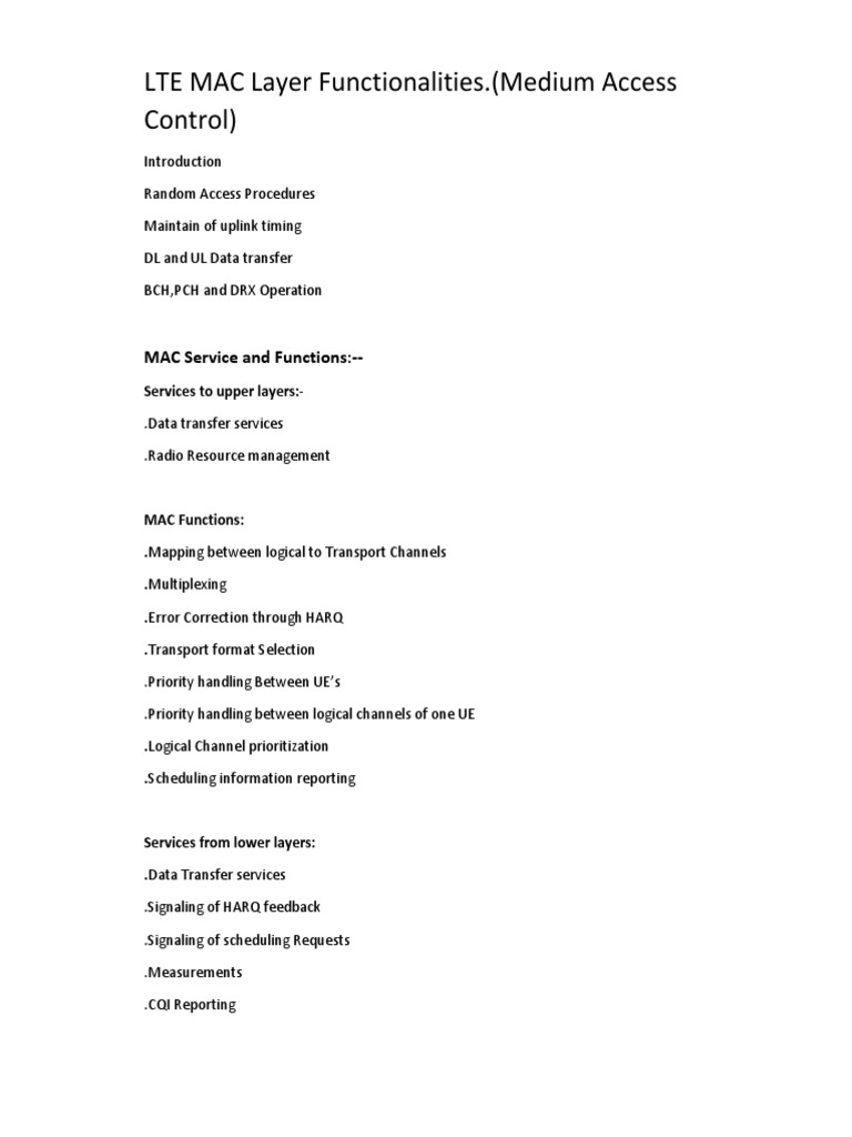 LTE MAC Layer Functionalities. (Medium Access Control) : MAC Service and Functions | PDF