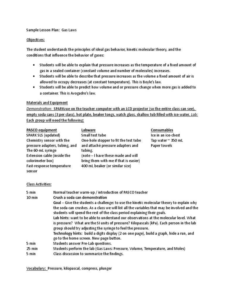 Gas Laws Lesson Plan | PDF | Gases | Phases Of Matter