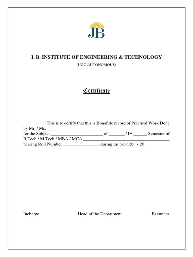 JB Institute Practical Work Certificate | PDF