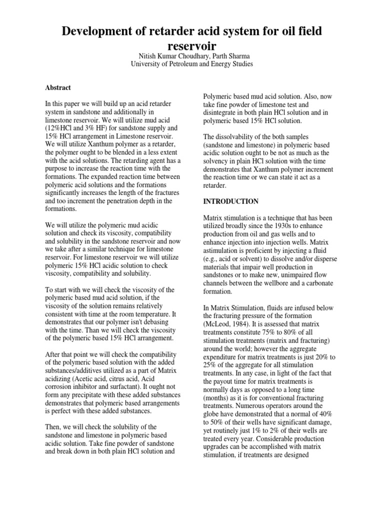 Oil Reservoir Acid Retarder System | PDF | Corrosion | Polymers