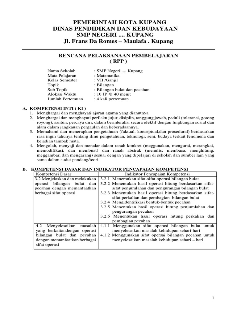 RPP Bilangan KD 32 Bilangan Bulat Dan Pecahan | PDF