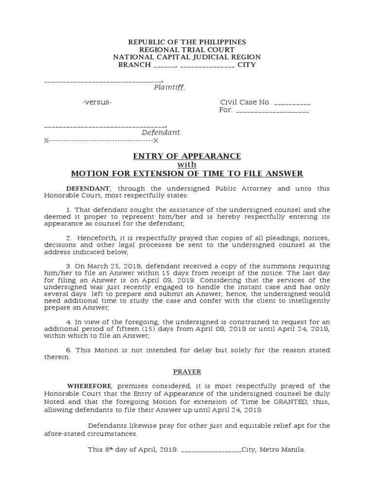 Entry of Appearance With Motion For Extension of Time-Format | PDF | Lawsuit | Virtue