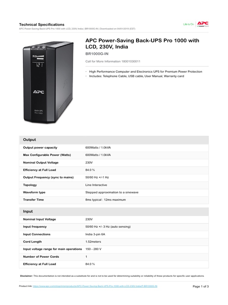 APC UPS Pro 1000 Specification | PDF | Mains Electricity | Electromagnetism