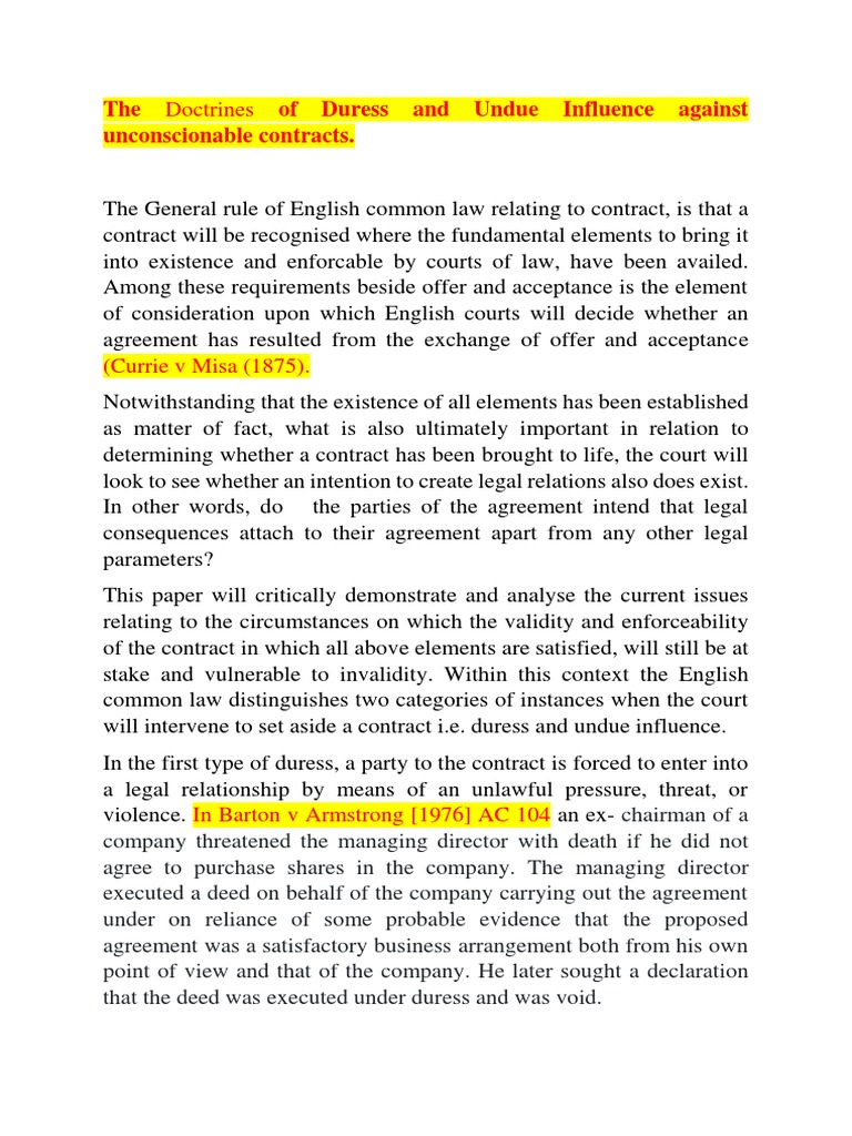 The Doctrines of Duress and Undue Influence Against Unconscionable ...