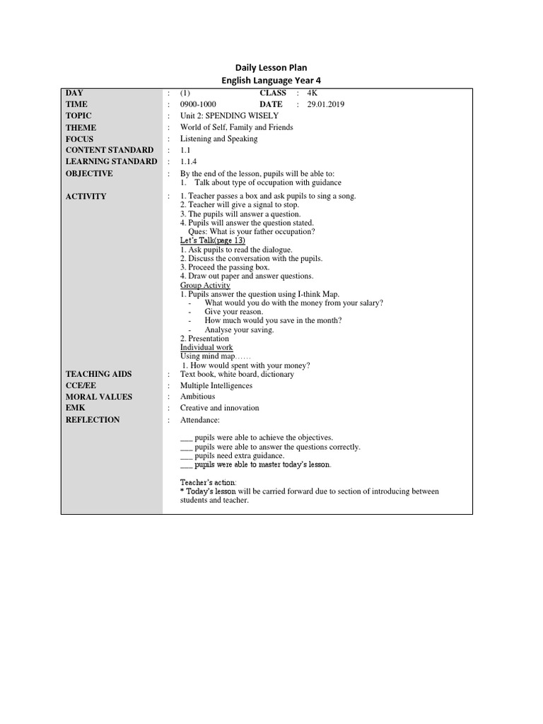 Daily Lesson Plan English Language Year 4 | PDF
