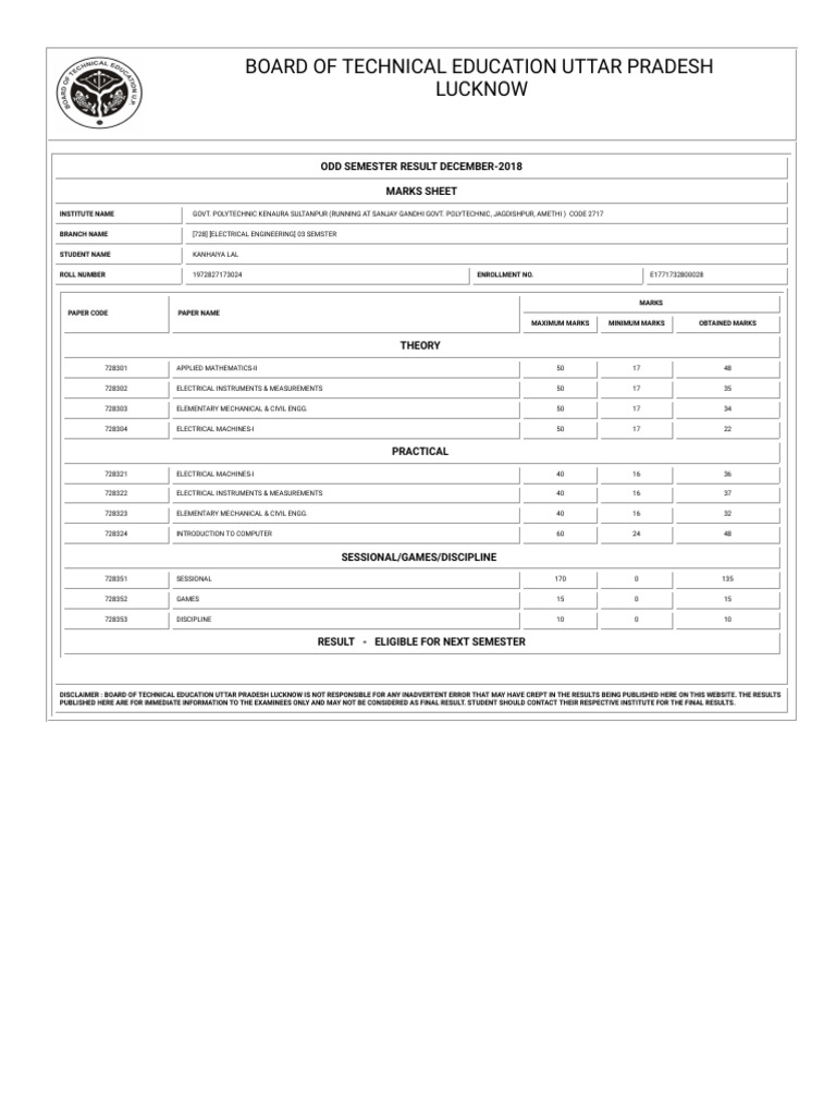 Diploma 3rd Semester Result | PDF | Academia | Learning