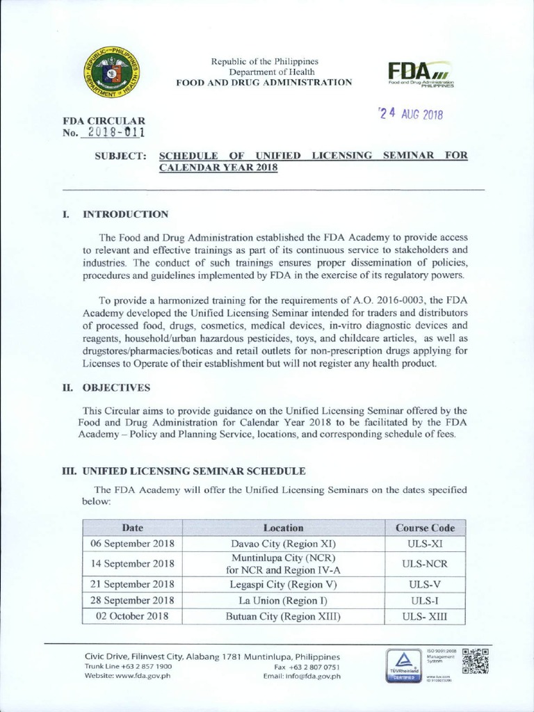 FDA Circular No. 2018-011 Schedule of ULS SEMINAR 2018 PDF | PDF FDA Circular No. 2018-011 Schedule of ULS SEMINAR 2018 PDF | PDF