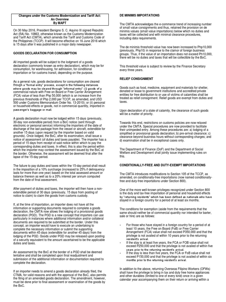 Changes Under The Customs Modernization and Tariff Act | PDF | Customs ...