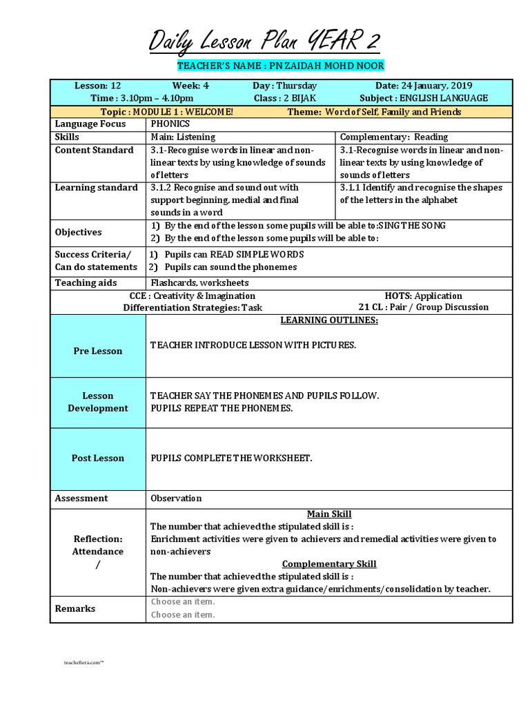LESSON PLAN PHONICS Year 2 | PDF | Phonics | Lesson Plan