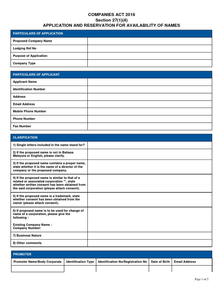Companies Act 2016 Section 27 (1) (4) Application and Reservation For ...