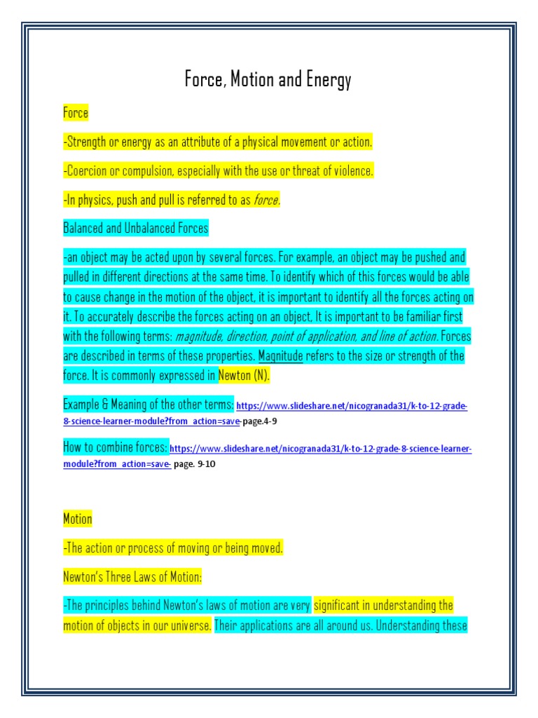 Science Grade 8, Quarter 1: Force and Motion | PDF | Inertia | Force