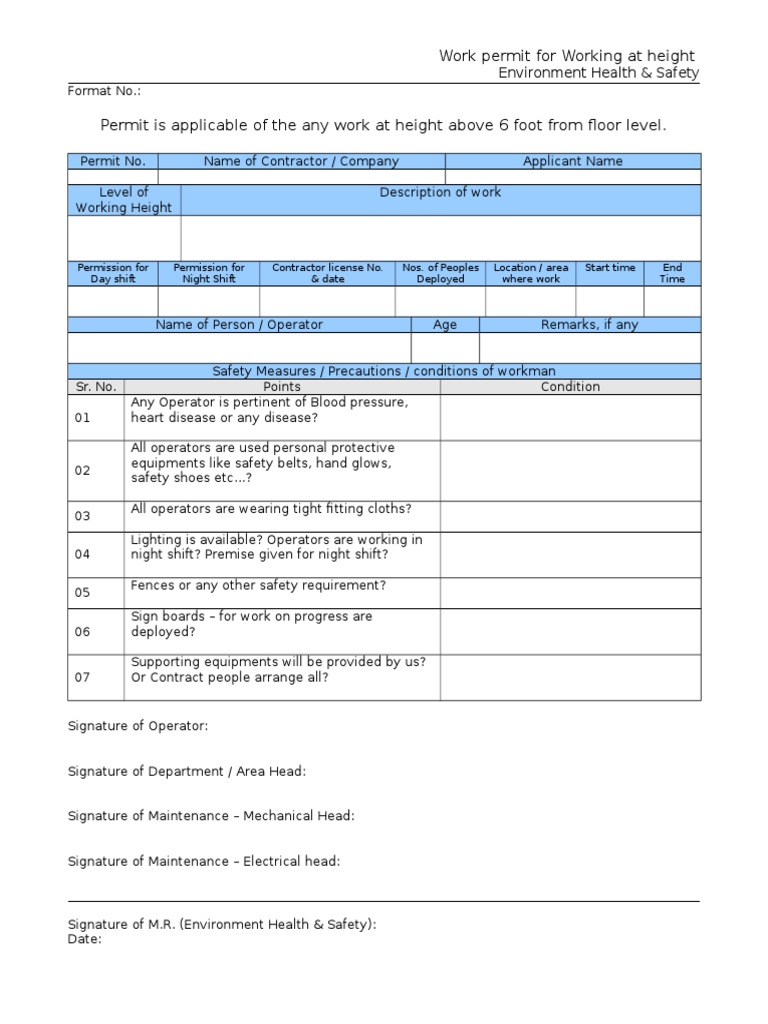 Work Permit For Working at Height: Environment Health & Safety | PDF ...