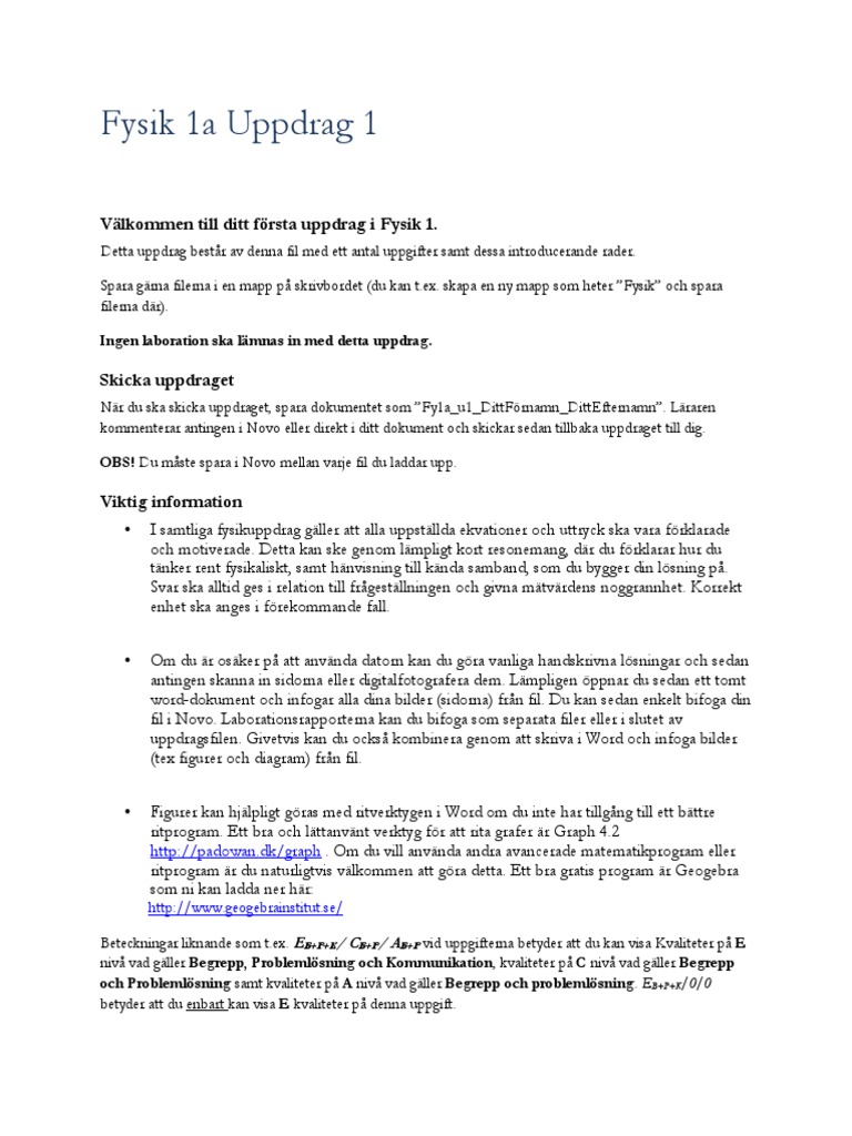 Fysik 1a Uppdrag 1 Rev 1804 | PDF