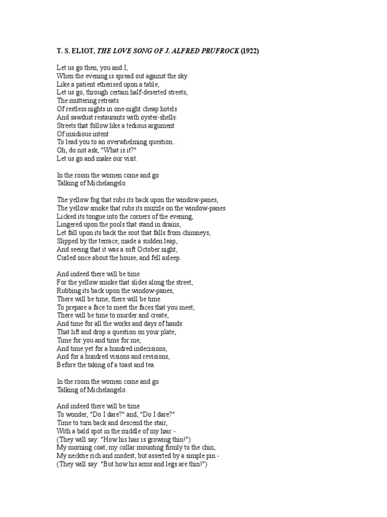 T. S. Eliot, The Love Song of J. Alfred Prufrock (1922) | PDF