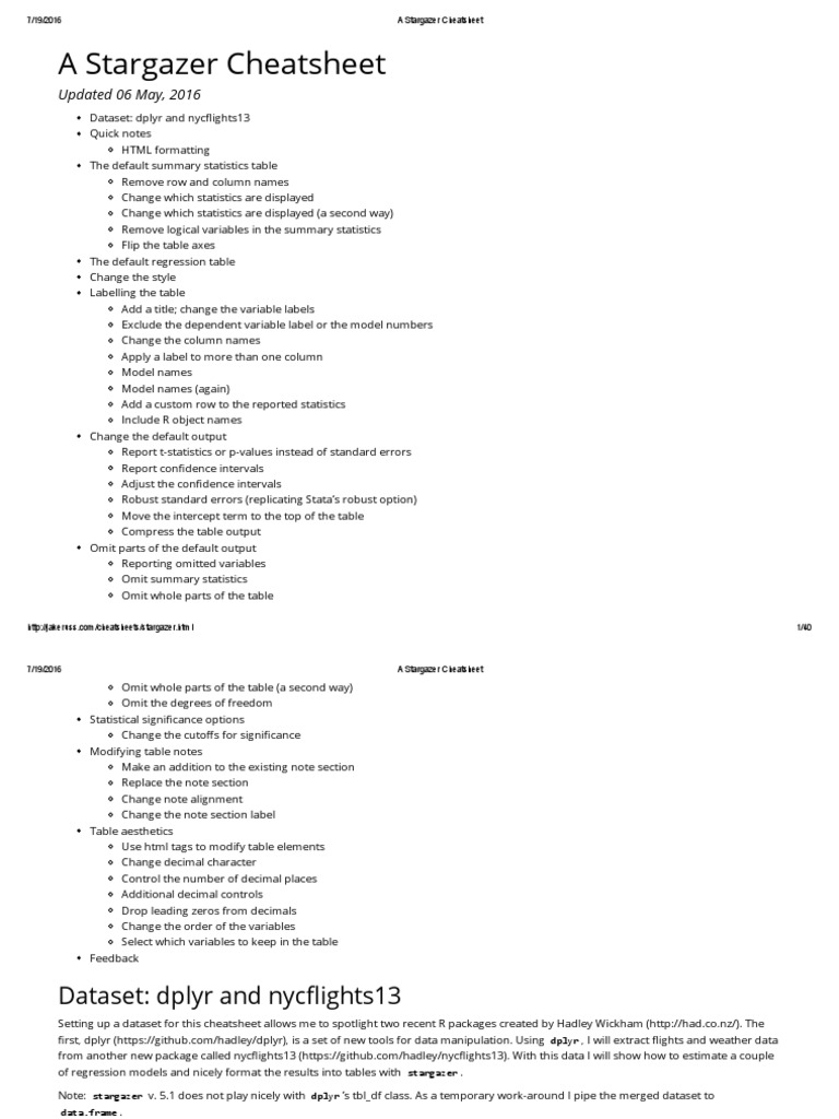 Stargazer Cheatsheet for R Tables | PDF | Errors And Residuals ...