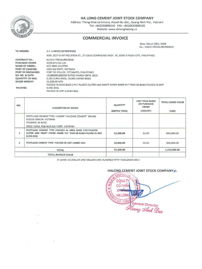 Commercial Invoice Port of Polloc, Cotabato, MV BMC CALYPSO 22,500 ...