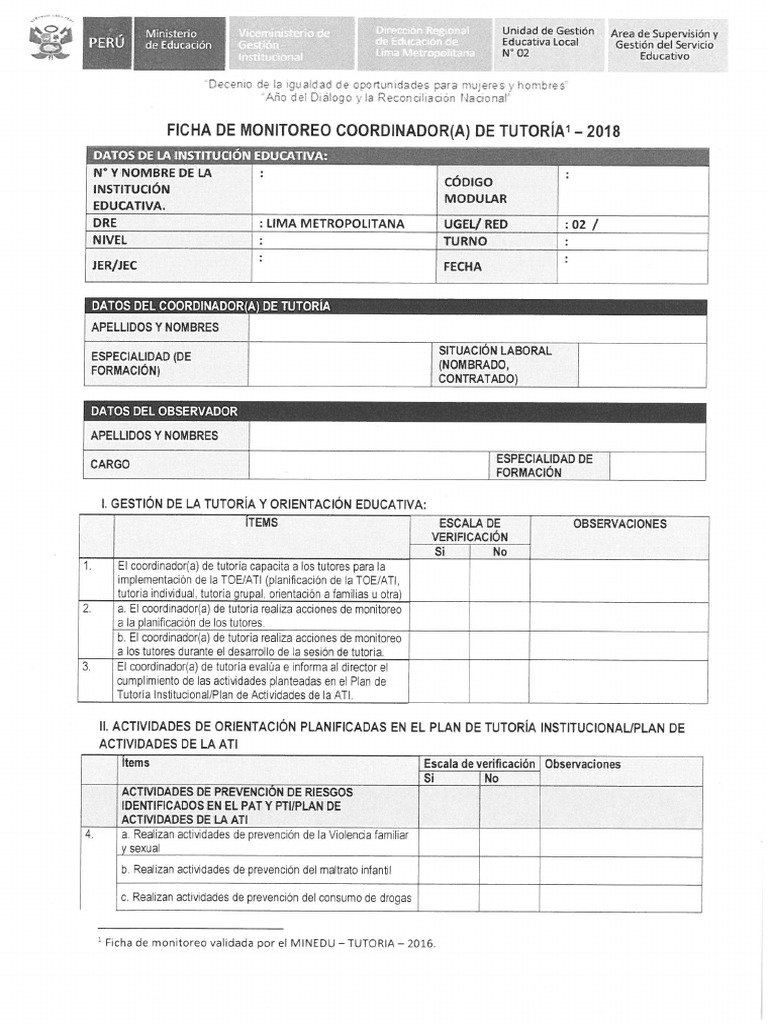 MINEDU. Ficha de Monitoreo para Coordinadores de Tutoría-2018 PDF | PDF