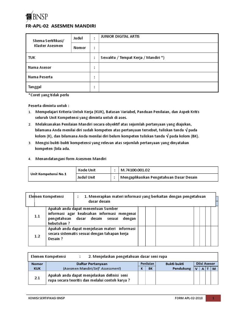 FR-APL-02. Asesmen Mandiri JDA | PDF