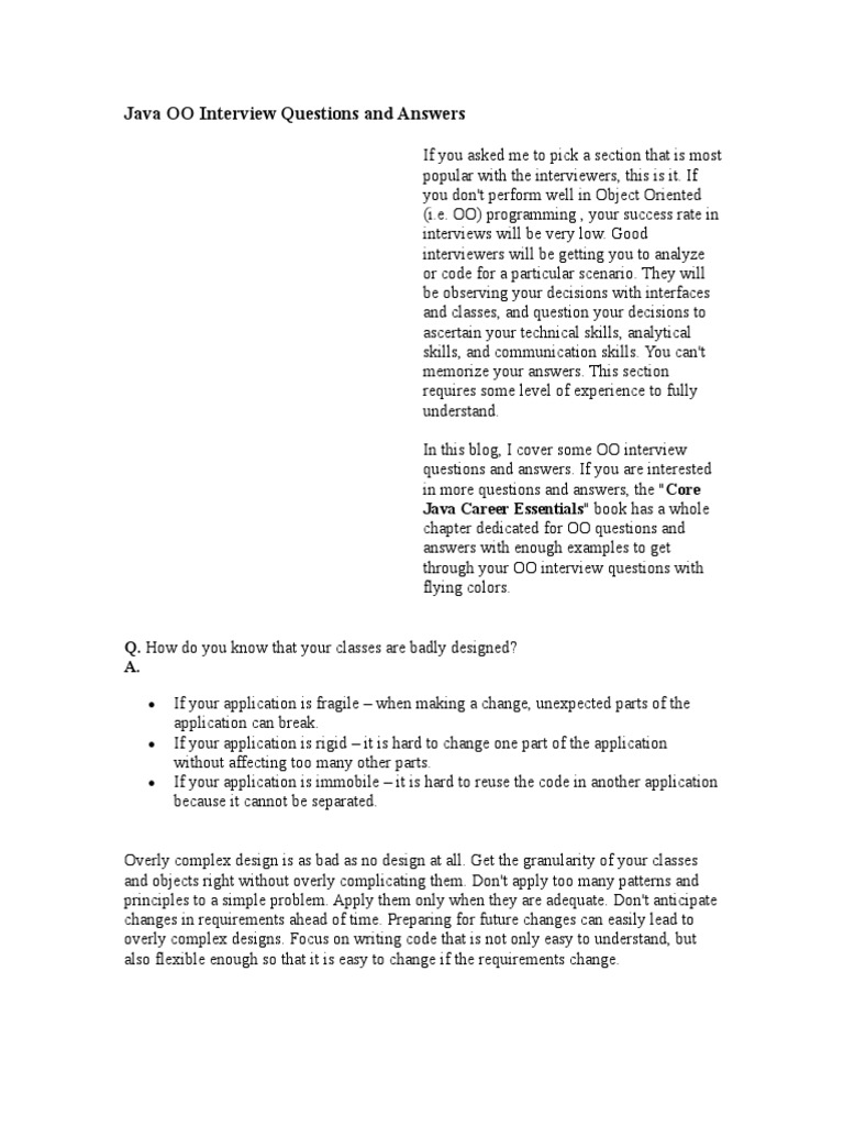Java Object Oriented Interview Questions and Answers | PDF | Class ...