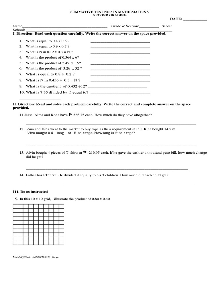 Grade 5 Math Summative Test #3 | PDF | Teaching Mathematics | Learning