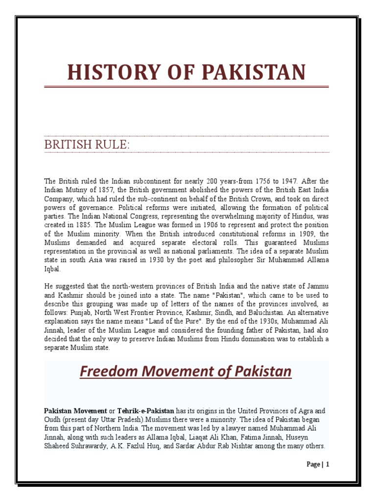 History of Pakistan | PDF | All India Muslim League | Pakistan Movement