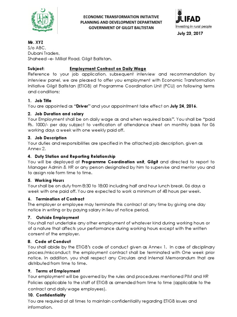 Daily Wage Employment Contract | Download Free PDF | Working Time ...