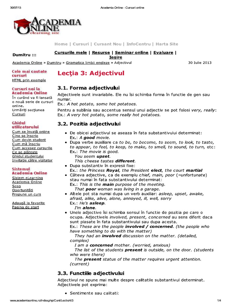 Lecţia 3 Adjectivul | PDF