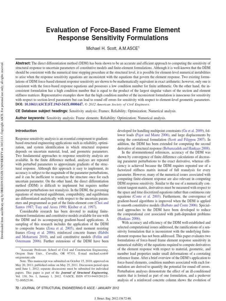 Evaluation of Force-Based Frame Element Response Sensitivity Formulations | PDF | Finite Element ...