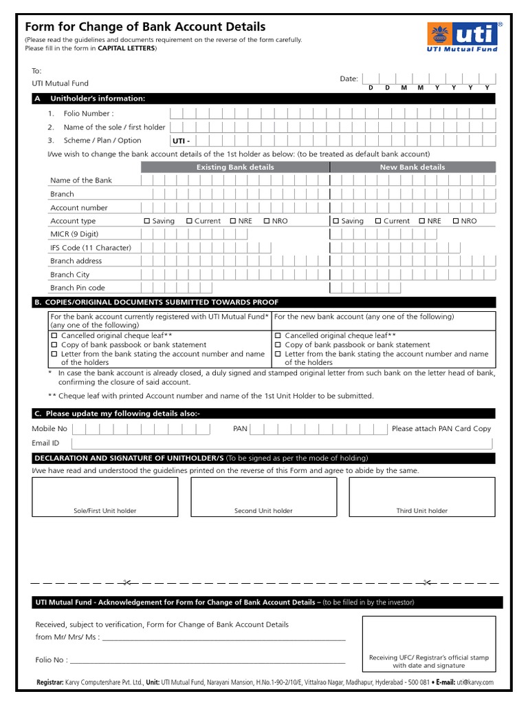 UTI - Change of Bank Form | PDF | Passbook | Cheque