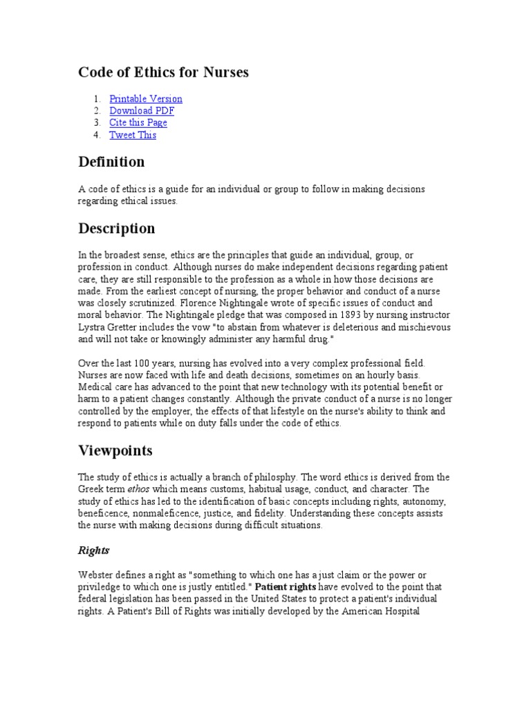 Code of Ethics For Nurses | PDF | Autonomy | Nursing