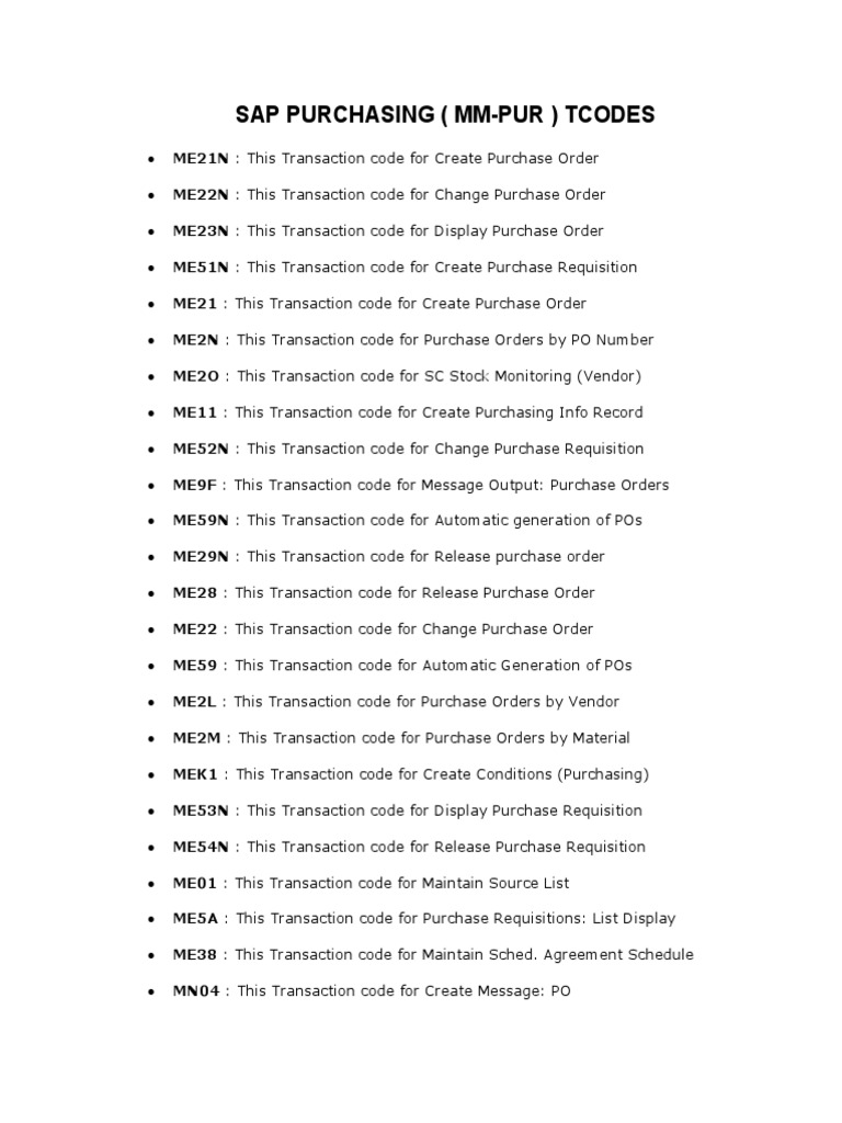 SAP Purchasing Transaction Codes List | PDF | Financial Transaction | Point Of Sale