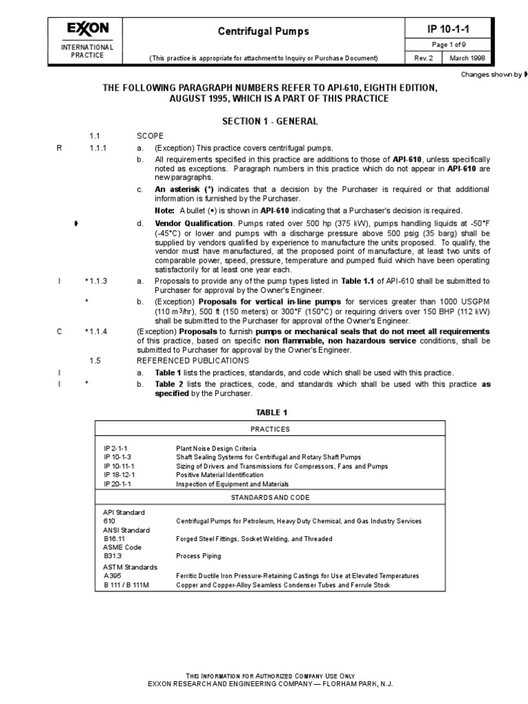 EXXON IP-10-01-01 Centrifugal Pumps | PDF | Pipe (Fluid Conveyance) | Pump