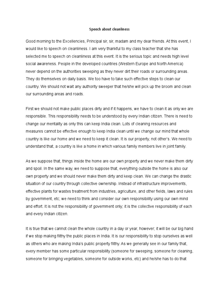 Speech About Cleanliness | PDF | Property
