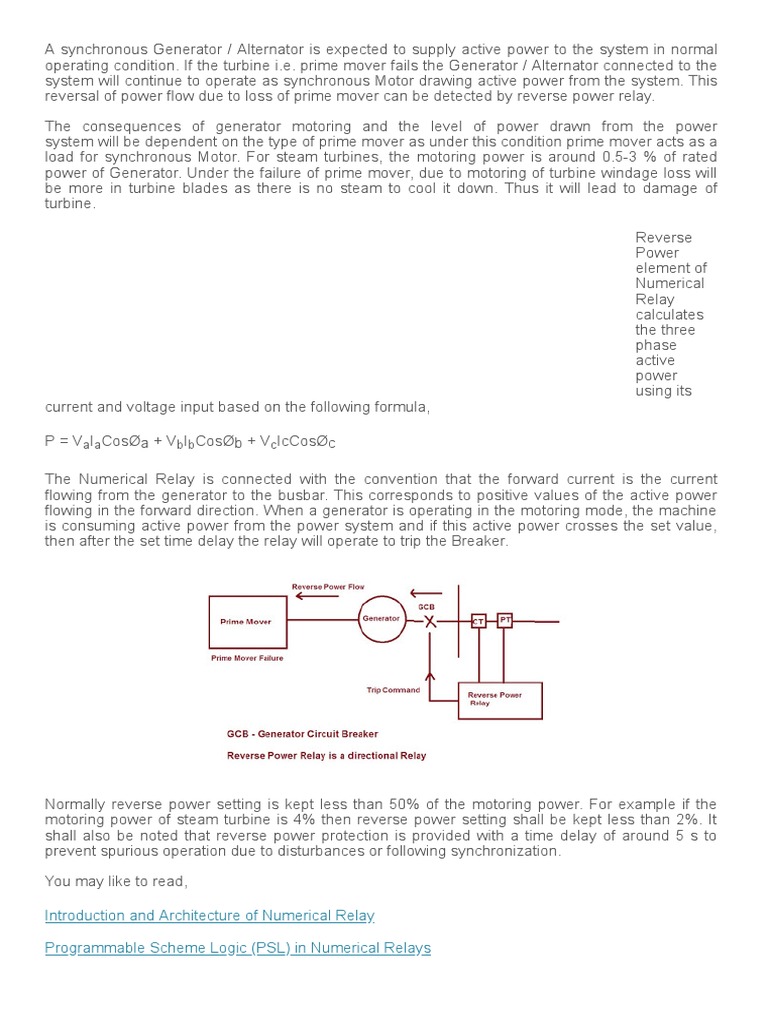 Reverse Power Protection of Generator - Electrical Concepts | PDF ...