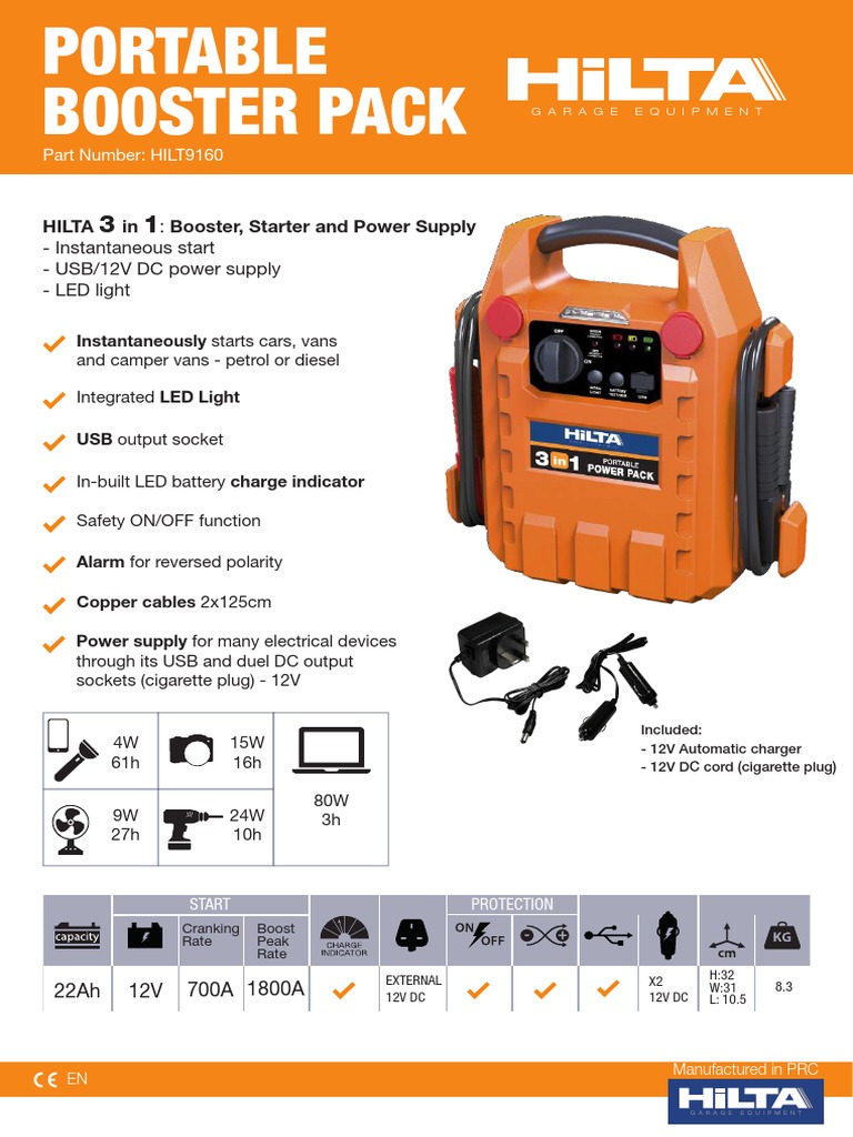 Hilta Portable Booster Pack Spec Sheet | PDF | Power Supply | Usb