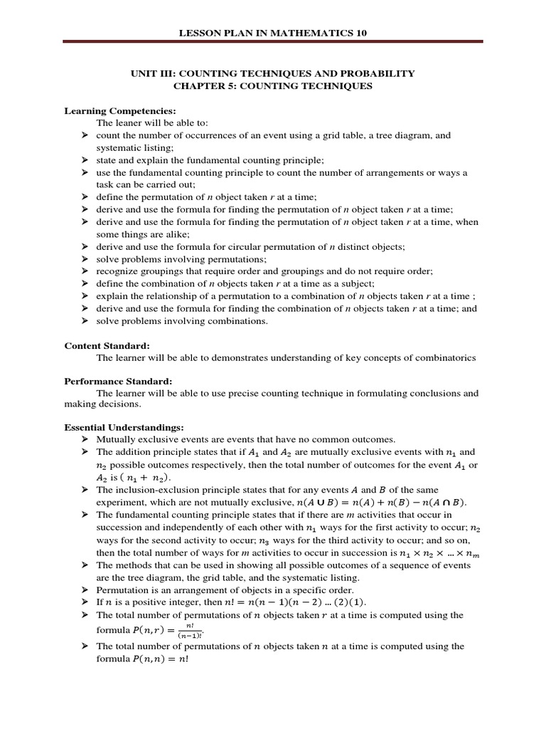 Lesson Plan in Mathematics 10 | PDF | Permutation | Probability