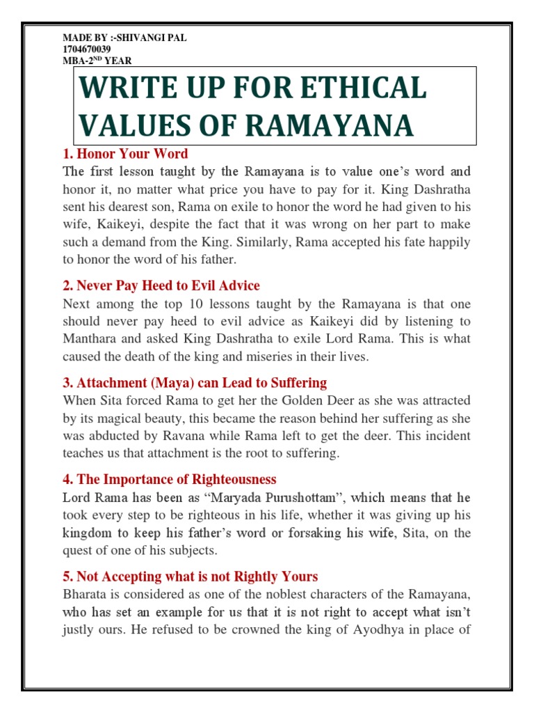 Ethical Lessons from the Ramayana | PDF | Ramayana | Rama